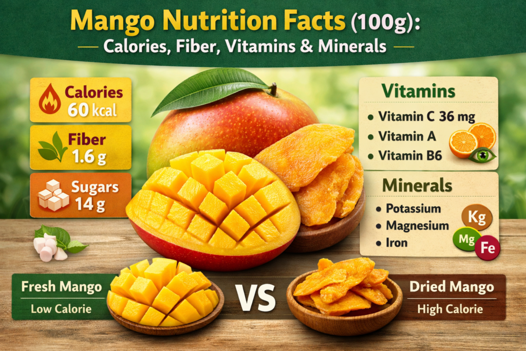 Mango Nutrition Facts (100g): Calories, Fiber, Vitamins & Minerals